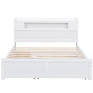 WOODRK Queen Size Storage Platform Bed Frame with Multifunctional Headboard with LED and Storage Shelves, Modern Wooden Beds with 2 Drawers and 1 Twin Size Trundle, for Bedroom, Easy Assembly, White
