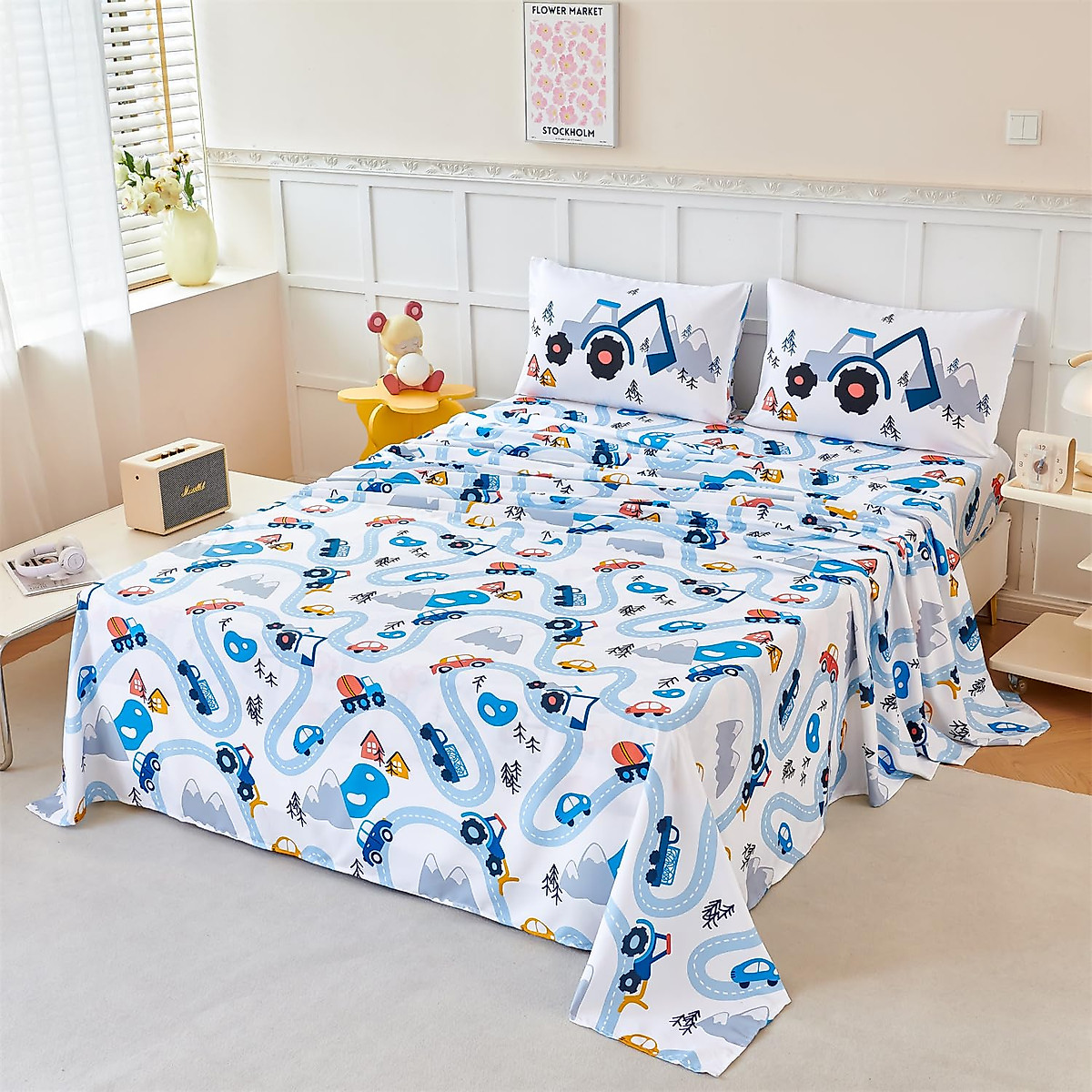 RYNGHIPY Kids Twin Bed Sheets: Cars Print Sheets Set for Boys - Breathable Wrinkle Free Microfiber Flat Sheet Fitted Sheet and Pillowcase (White,Twin)