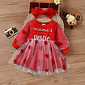 Valentine 's Day Baby Girl Love-Heart Letter Printed Mesh Patchwork Long Sleeve Dress with Headband (Red, 6-9 Months)