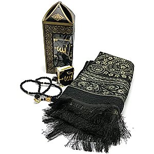 Ramadan Gift Set Prayer Rug Janamaz Seccade Pearl Tasbeeh Prayer Beads and Car Decor Mini Quran 3pcs/Set (Black)