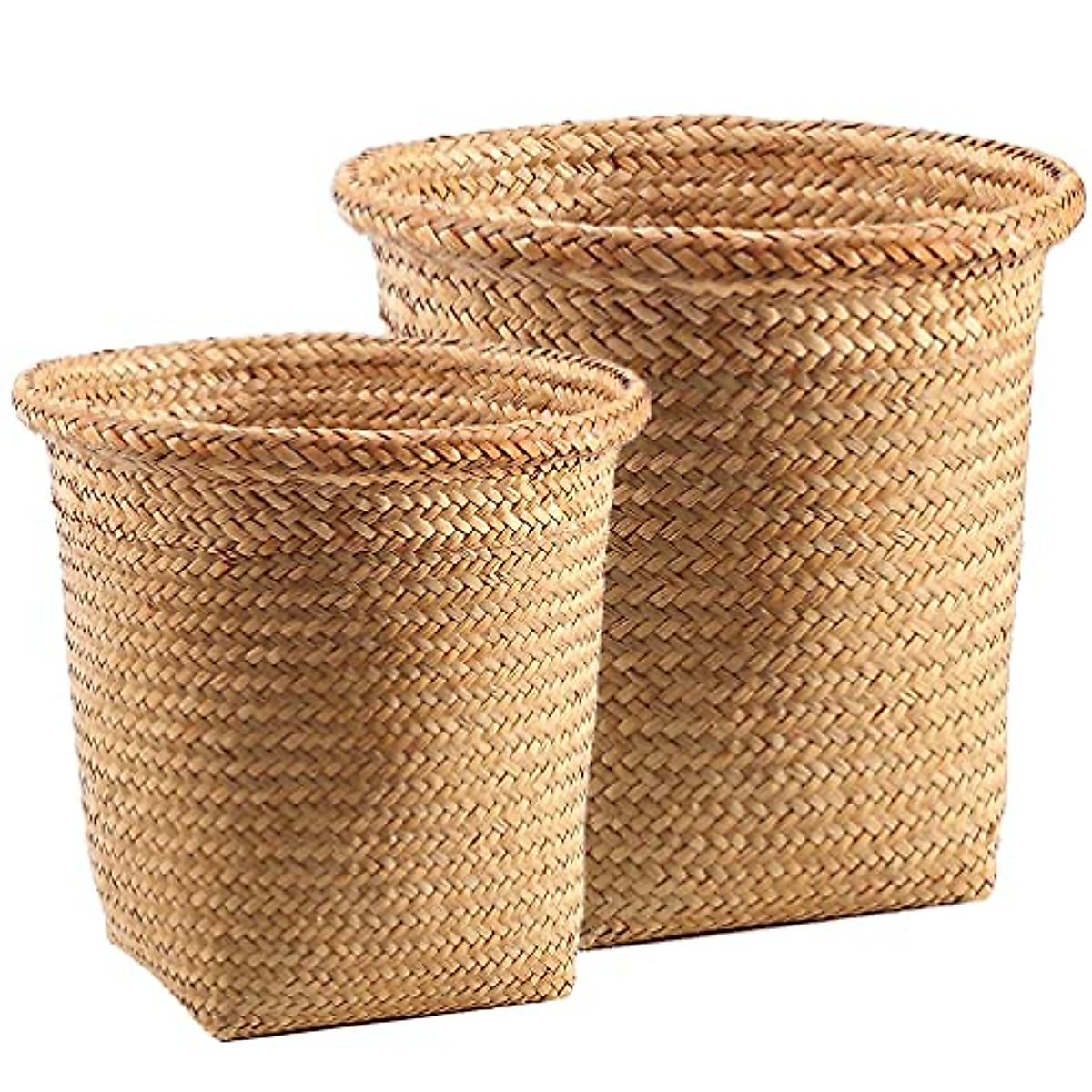 Beavorty Clothes Hamper 2pcs Woven Waste Basket Rattan Plant Basket Trash Can Wicker Garbage Container Bin Seagrass Belly Planter Laundry Basket Storage Basket for Home Office Wicker Storage Basket