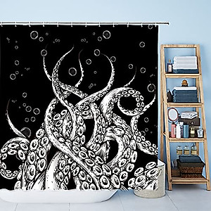 TFGGNDF 2 Piece Octopus Shower Curtain Sets with Bath Mat,White Octopus Tentacles Black Background Ocean Kraken 70"x 70" Bathroom Curatin with 12 Hooks and Bath Rugs