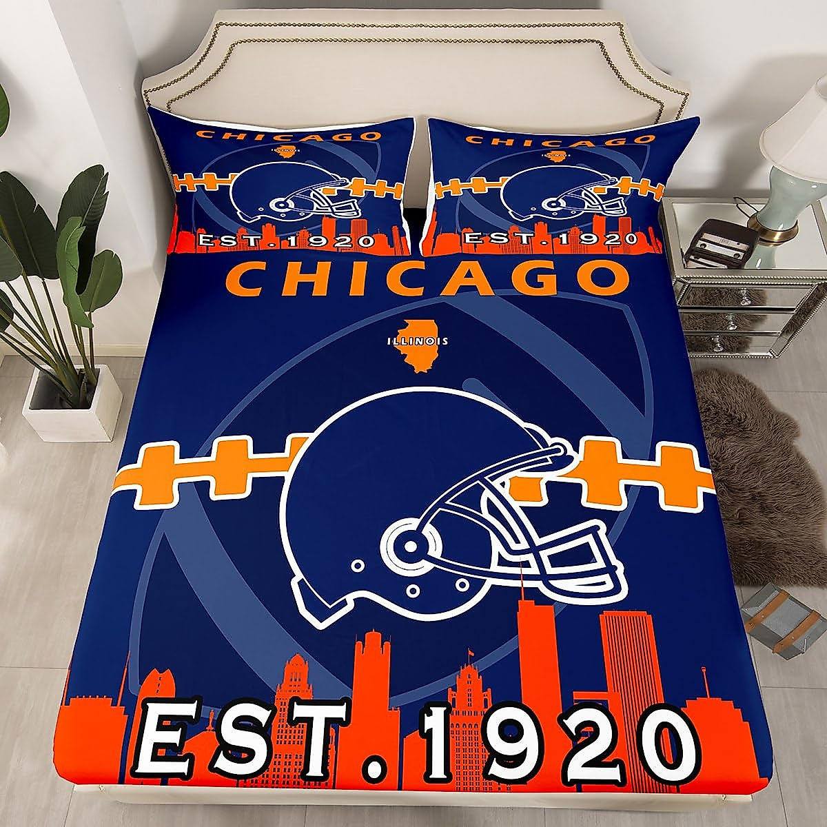 Erosebridal Twin Fitted Sheet for Boys Football Kids Bed Sheets for Football Fan American Football Bed Set for Men,Boys Rugby Bedding Set with 1 Pillowcase,Red Blue Orange(Chicago)