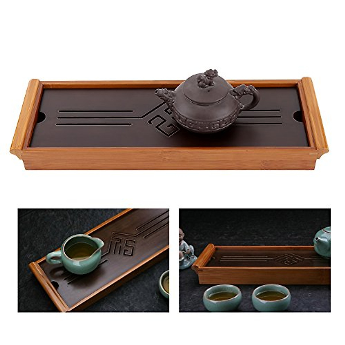 Natural Bamboo Tea Tray Drainage Type Cup Plate Traditional Chinese Style Serving Tray Kung Fu Tea Accessory 14.96 x 5.28 x 1.49inch