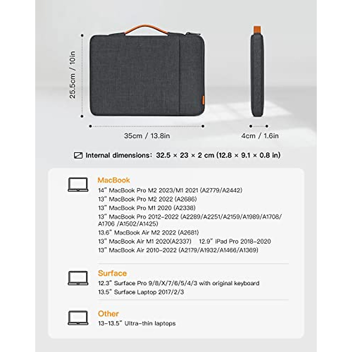 Inateck 13-13.5 Inch 360 Protective Laptop Sleeve Carrying Case Bag Compatible with 13 Inch MacBook Air/Pro M2/M1 2022-2012, 14 Inch MacBook Pro M1 2021 M2 2023, Surface Pro X/9/8/7/6/5/4/3