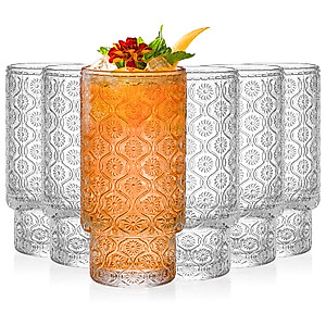AVLA 6 Pack Vintage Drinking Glasses, 12 OZ Romantic Highball Glass Cup, Skinny Tall Cocktail Glass Tumbler, High Beverage Water Glassware, Tom Collins Barware Tumbler for Mojito, Juice, Beer, Soda