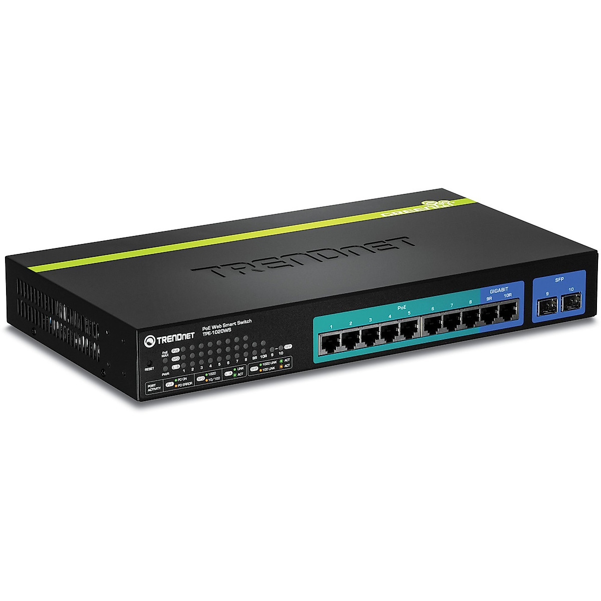 TRENDnet 8-Port Gigabit PoE+ and 2-Port Gigabit Ethernet Web Smart Switch with 2 Shared SFP Slots, Rack Mountable, TPE-1020WS (Renewed)