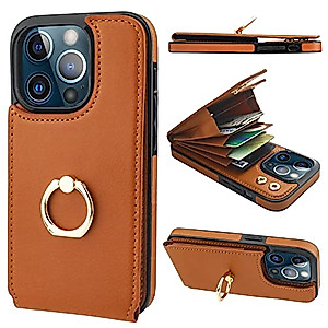 Folosu Compatible with iPhone 13 Pro Case Wallet with Card Holder, 360°Rotation Finger Ring Holder Kickstand Protective RFID Blocking PU Leather Double Buttons Flip Shockproof Cover 6.1 Inch Brown