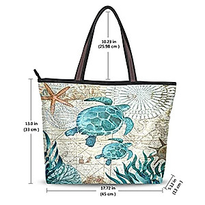 Turtle Turquoise Retro Map Ocean Summer Large Tote Bags Women Summer Handbags with Zipper Shopper Bag for Graduate Gifts Teenager Girls