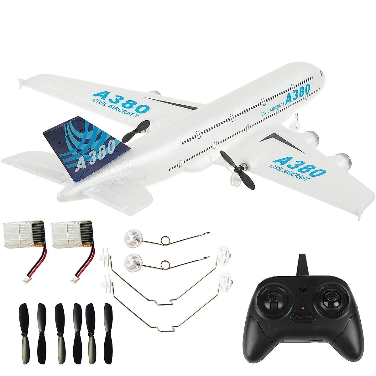 PLRB TOYS RC Plane Remote Control Airplane RC Plane,2.4Ghz DIY 2 Channels Radio Control Airplane Built in 6-Axis Gyro, A380 RC Aircraft EPP Foam Glider for Beginner (Two Batteries)