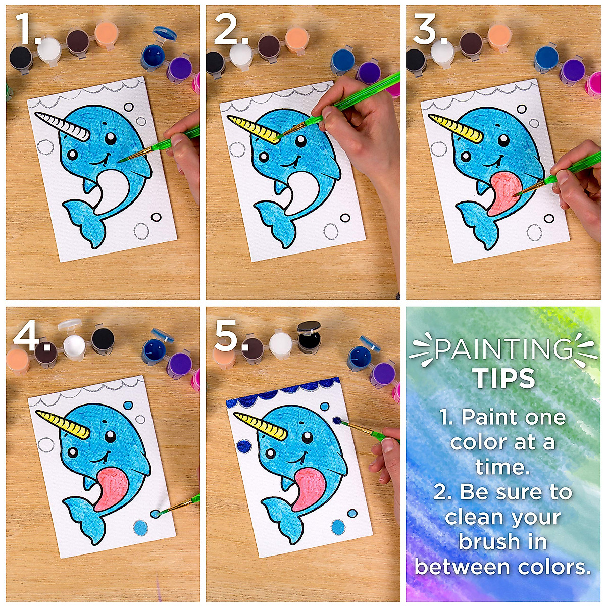 Horizon Group USA Pre-Printed Canvas & Paint Art Set, 3-Pack, 5x7 Canvas Panels, 12 Tempera Paints, 6 Easy-Grip Assorted Paintbrushes for Paint Projects, Panda, Fox & Glitter Unicorn.