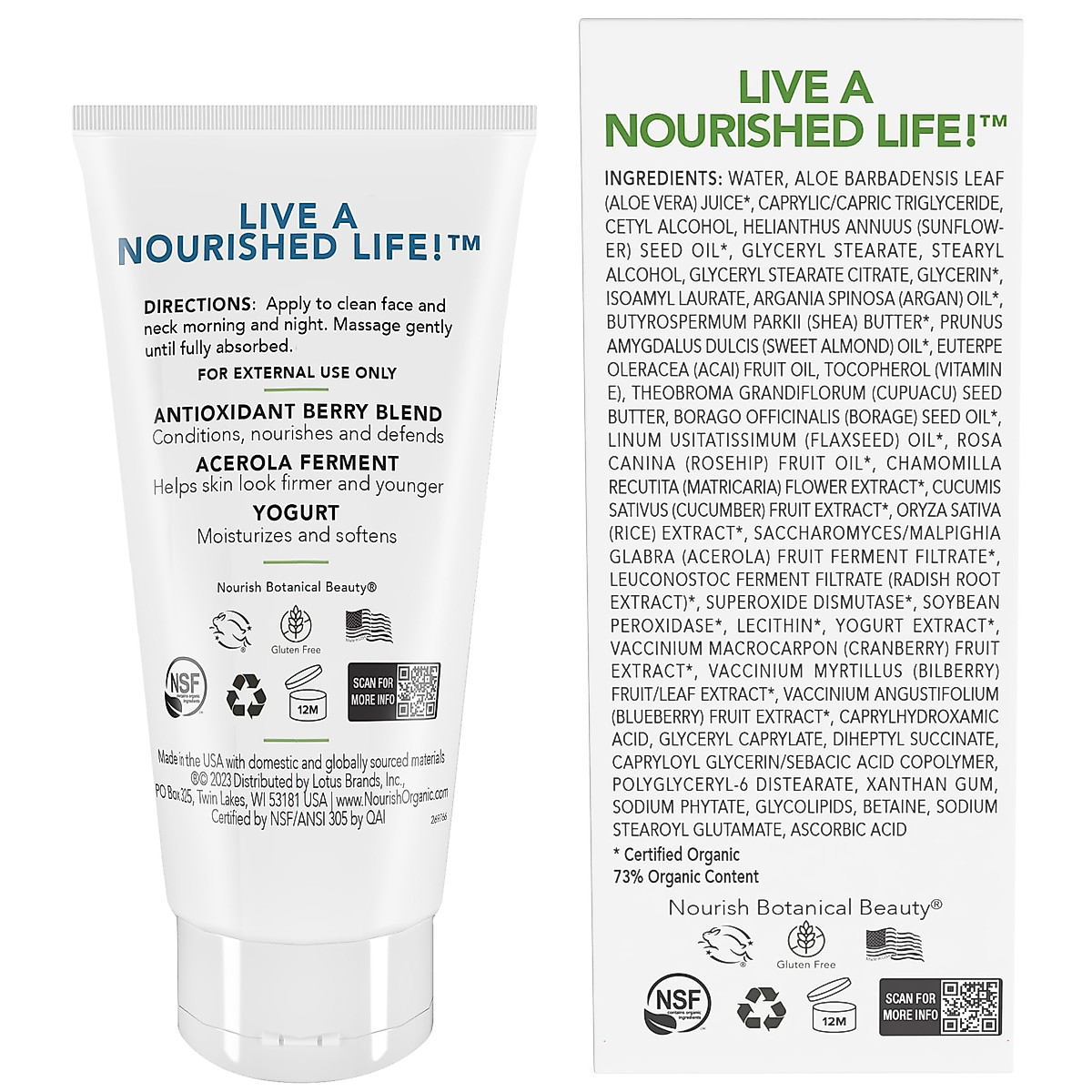 Nourish Organic Face Cream, Bilberry & Arctic Berries – Age Defense Formula with Aloe Vera & Borage Oil, 1.7 Oz + Washable Cotton Round