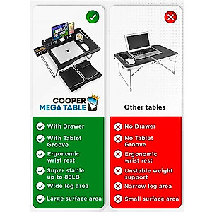 Cooper Mega Table - Large Laptop Desk for Bed, Portable Table Tray, Laptop Stand with Built-in Tablet, Phone Slot, Storage Drawer for Working, Gaming, and Eating on Couch/Sofa/Floor