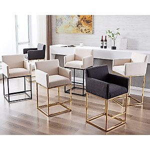 Modern Counter Height Bar Stools Set of 2, Linen Fabric Upholstered Bar Stools with Backs, 26 Inch Kitchen Island Stools with Black Metal Frame, Cream