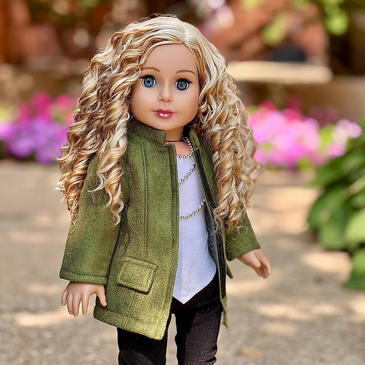 - Autumn Stroll - 4 Piece Outfit for 18 Inch Doll - Green Coat, White Blouse, Black Velvet Leggings, Black Boots (Dolls Not Included)