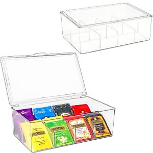 2 Pack Puricon Tea Bag Organizer Clear Acrylic Tea Storage Box with Lid, Plastic Tea Bag Holder Stackable Tea Organizer for Tea Bags Container Dispenser for Cabinet Pantry Counter Countertop -Clear
