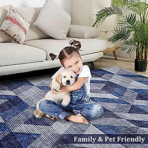 RUGSREAL Washable Rug Geometric Trellis Low-Pile Area Rug Stain Resistant Modern Area Rug Throw Non-Slip Non-Shedding Area Rug for Living Room Bedroom Office, 5' x 7' Blue