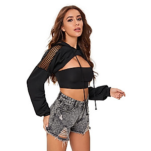 Floerns Women's Mesh Contrast Long Sleeve Pullover Crop Top Hoodie Black 1 S