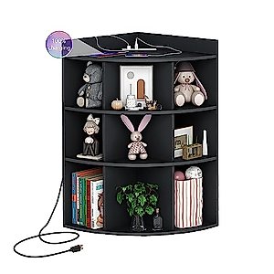 BORNOON 3-Tiers Wooden Corner Cabinet with 9 Cubbies,Corner Storage Cabinet with Charging Station and USB Ports and Outlets.Corner Cubby Bookshelf for Bedroom, Living Room, Office, Small Space.Black.