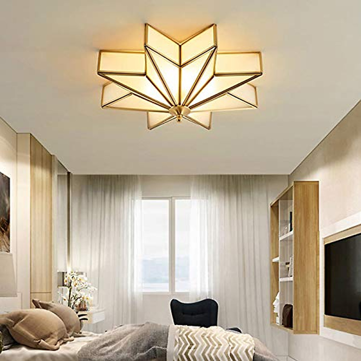 LITFAD Modern 4-Light LED Ceiling Lamp Beveled Frosted Glass Flush Mount Lighting Fixture Traditional Brass Star Close to Ceiling Light Decorative Pendant Light for Hotel Hall Bedroom Living Room