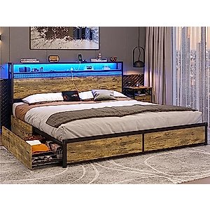 ADORNEVE King Size Bed Frame with Drawers, LED Bed Frame with 2 Tier Storage Headboard and LED Lights, Metal King Platform Bed with Charging Station, Double-Row Support Bars, Noise-Free, Vintage Brown