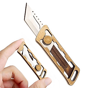 TENCHILON TK26 Mini Retractable Utility Box Cutter Keychain Knife, 1.2 inches D2 Tanto Blades, 2.6 inches Tumbled Skeletonized Brass Handles, Small Pocket EDC Cutting Tool Knives