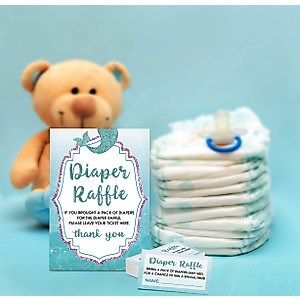Gihyan Diaper Raffle Baby Shower Game Set(1 Standing Sign + 50 Guessing Cards), Mermaid Theme Diaper Raffle Tickets for Baby Shower, Under The Sea Baby Shower Party Favor Decor - B15
