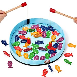 GAMENOTE Sight Words Wooden Magnetic Fishing Game - 220 Fish, Phonic Games for Kids Ages 3-9 Pre K to 3rd Grade, Dolch Sight Words Level 1 - Level 5 Educational Brain Games (220)