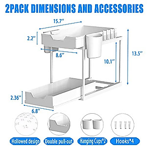 2 Pack Under Sink Organizers and Storage 2-Tier Double Sliding Pull-out Drawer, SDXYSTCE Multi-purpose Under Sink Organizer for Kitchen and Bathroom with 4 Hooks, 2 Hanging Cup,White