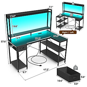 Seventable Gaming Desk with LED Light & Power Outlets, 47 inch Computer Desk with Shelves, Reversible L Shaped Desk with Monitor Stand, Corner Desk for Small Space, Carbon Fiber Black