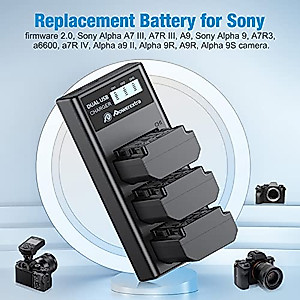 Powerextra Replace for Sony NP-FZ100 Battery and LCD Triple Charger for Firmware 2.0 Sony Alpha A7 III, A7R III, A9, Sony Alpha 9, A7R3, a6600, a7R IV, Alpha a9 II, Alpha 9R, A9R, Alpha 9S Camera