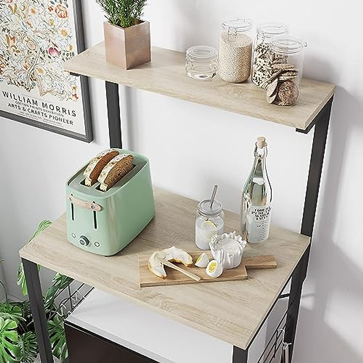 Bestier Bakers Rack, 4-Tier Microwave Stand Coffee Bar Table on Wheels, Utility Storage Rack with Sliding Shelf & 10 Side Hooks for Kitchen, Living Room, Dining Room, Oak