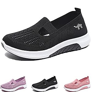 ELSHTIDE Women's Knit Mesh Breathable Slip On Platform Sneakers,Outdoor Non-Slip Comfort Orthopedic Diabetic Fashion Walking Shoes (Black,8.5)
