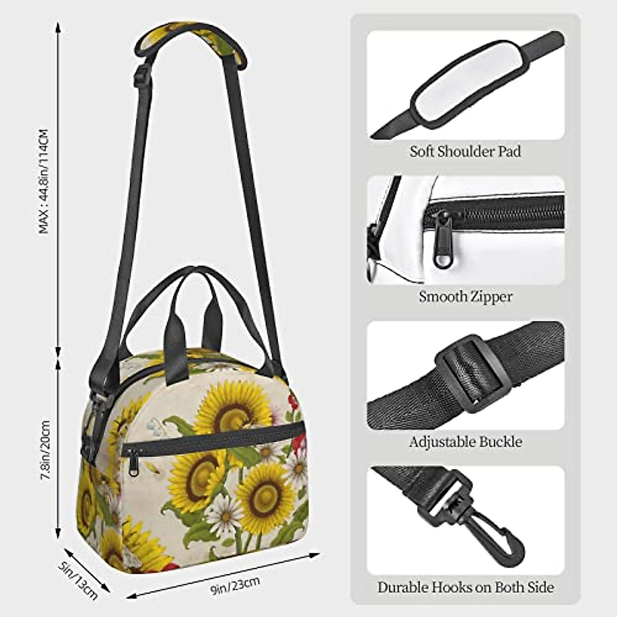 NOLACE Bees Sunflowers Daisy Rose Flowers Lunch Bag For Women & Men Adjustable Shoulder Strap,Leak Proof,Tote Bag For Office Work,Picnic