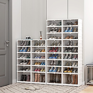 BROVIEW 9 Tier 36Pairs Plastic Shoe Storage Organizer Boxes, Large Collapsible Stackable Shoe Rack for Closet Entryway, Folding Shoe Storage Cabinet Container Sneaker Bin with Clear Doors, White