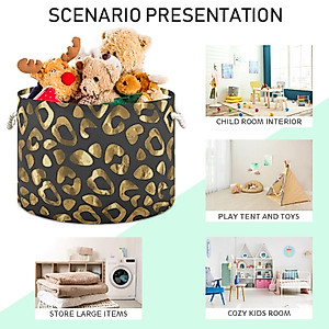 Krafig Gold Leopard Print Pattern Round Collapsible Storage Basket, Large Toy Storage, Laundry Baskets, Open Home Storage Bins for Toy Organizer, Home Decor, Clothes, Toys