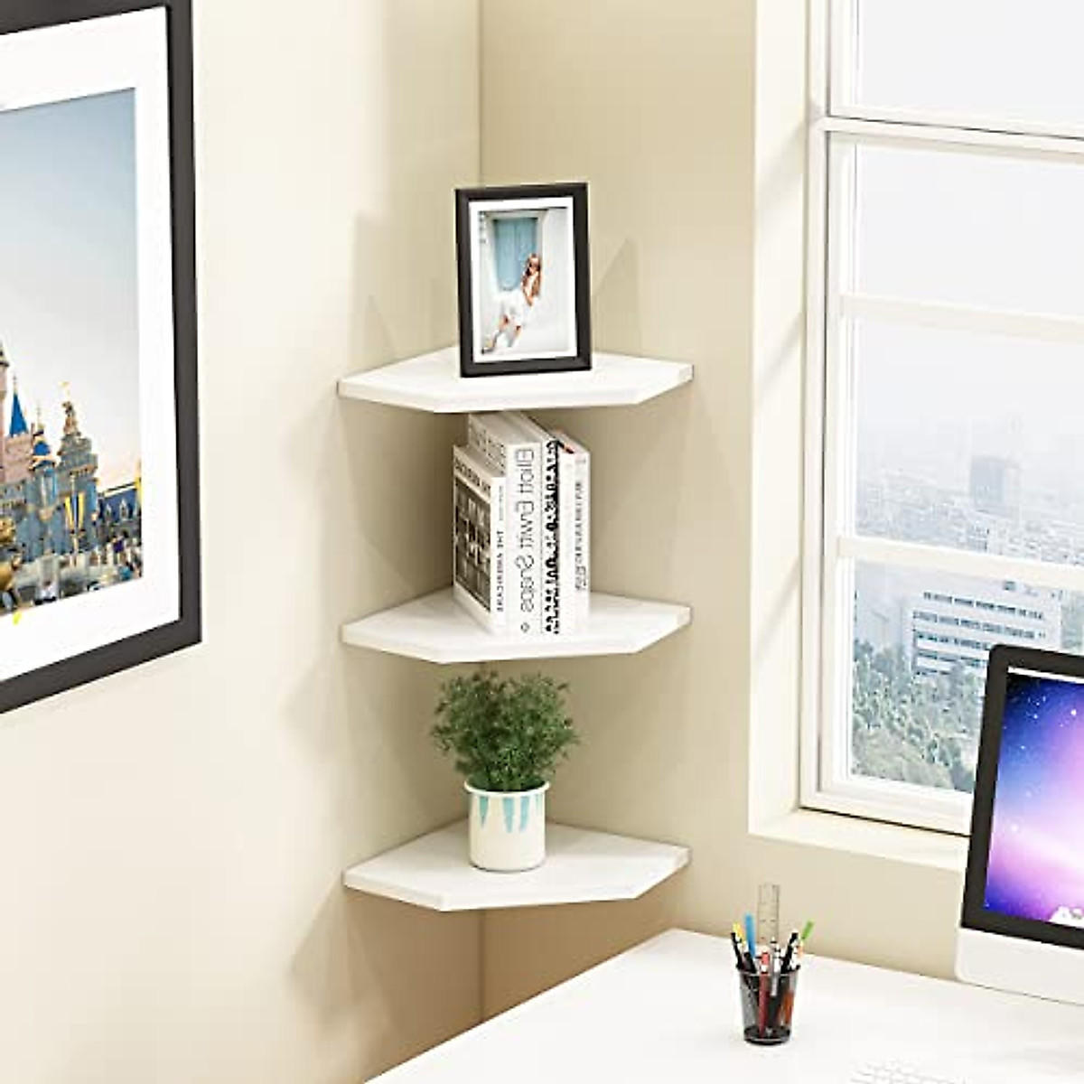 POCURBAN 12" Floating Corner Shelves Set of 3,Wall Mounted Storage Shelf with White Painted Finish for Small Plant, Photo Frame, Toys TV Accessories, Speaker, Cable Box, Game Console and More