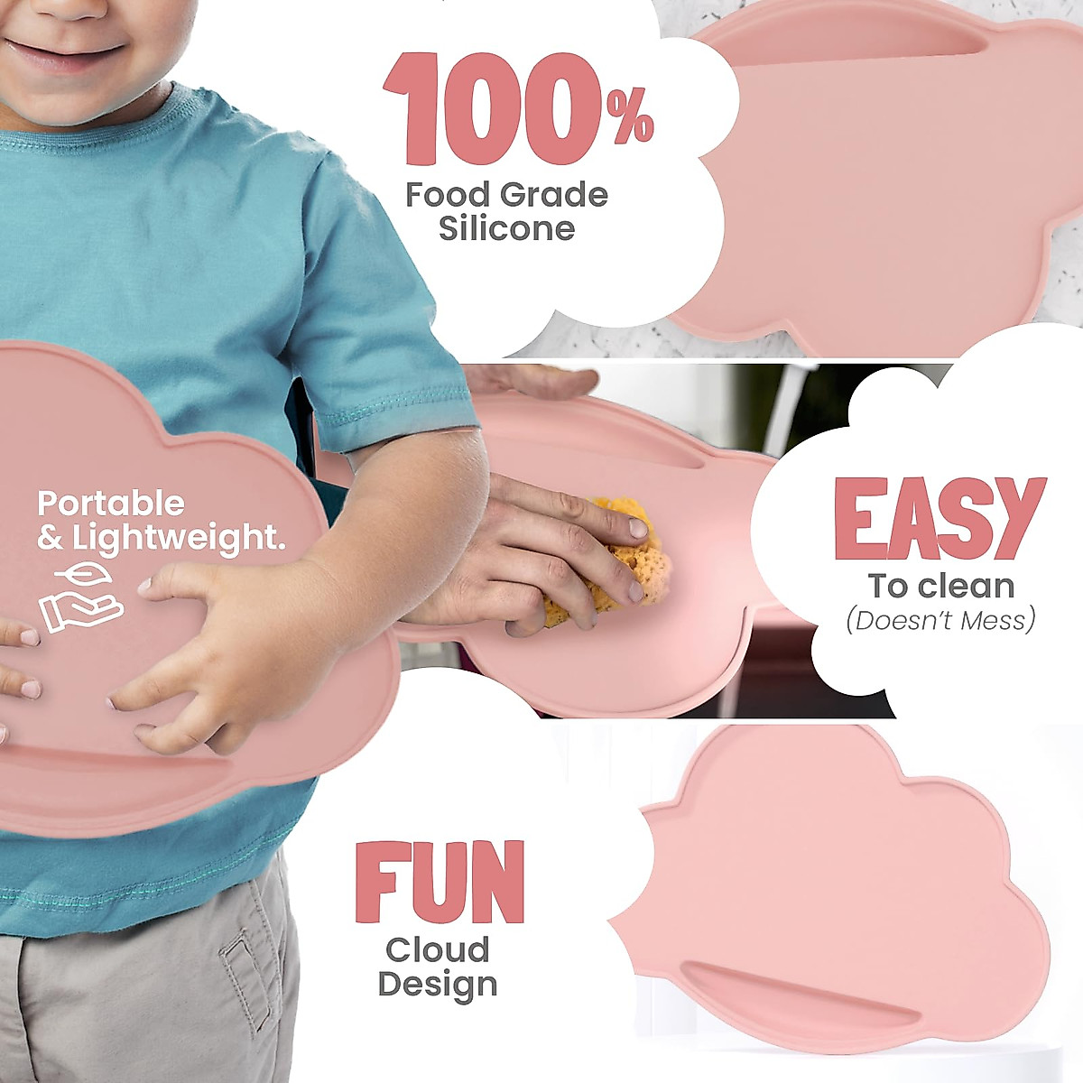Nümi Silicone Placemat for Toddlers Kids | Fun & Functional Kids Placemats for Dining Table | Toddler Eating Supplies (Pink)