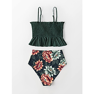 CUPSHE Women's High Waist Bikini Swimsuit Floral Print Ruffle Two Piece Bathing Suit, L Army Green