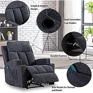 ANJ Massage Recliner Chairs with Cup Holders Breathable Fabric Manual Recliners with Heat for Living Room, Modern Reclining Single Sofas (Dark Grey)