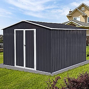 EMKK 10x8 FT Outdoor Storage Shed with Floor,Tool Garden Metal Sheds with Lockable Door,Outside Waterproof Galvanized Steel Storage House for Backyard Garden, Patio, Lawn
