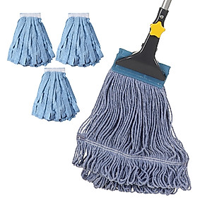 Yocada Looped-End String Wet Mop with Extra 3 Microfiber Cloth Mop Heads Heavy Duty Cotton Mop Commercial Industrial Grade Telescopic Iron Pole Jaw Clamp Floor Cleaning 55.1"