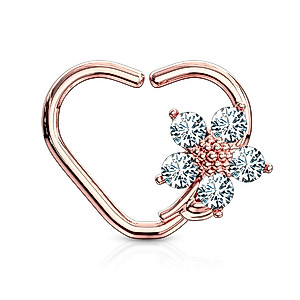 Forbidden Body Jewelry Rose Gold Plated Heart w/CZ Flower Daith & Cartilage Hoop Earring (Left Ear)
