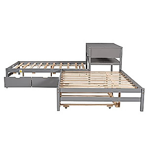 MOEO L-Shaped Full Size Platform Bed with Trundle and Drawers Linked w/ Built-in Desk for Kids, Bedroom, Teens, Adults, No Box Spring Needed, 3 Wood Bedframe in 1, Gray