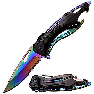 8" MTECH USA RAINBOW TITANIUM TACTICAL FOLDING KNIFE Pocket Blade EDC Can Opener