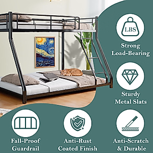 Cyranture Bunk Bed Twin Over Full Size, Twin Over Full Bunk Beds with Ladder & Guardrail Heavy Duty Bunk Beds Frame for Teens Adults Dorm Bedroom Guest Room, No Box Spring Needed, Black