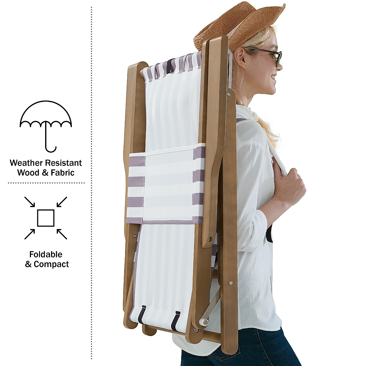 Lavish Home Set of 2 Beach Chairs - Outdoor Weather-Resistant Wood Folding Chairs with Carry Straps and Reclining Seat - Beach Essentials (Taupe)