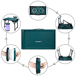 OXAMAFIT Outdoor Retractable Folding Table and 2 Stools Set, Portable Camping Foldable Table Lightweight, 3 Lighting Mode Adjustable Stool for Outdoor Picnic, Beach, Camp, Party.-Green