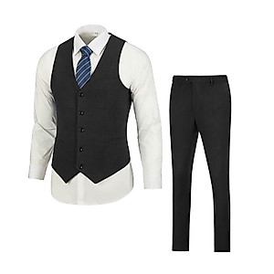Qiatuu Mens 2 Piece Linen Suit Casual Slim Fit Suits for Summer Beach Wedding Retro Prom Tux Suits Linen Vest and Pant Black-L