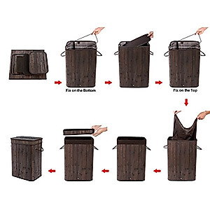 SONGMICS Bamboo Laundry Hamper Storage Basket Foldable Dirty Clothes Hamper with Lid Handles and Removable Liner Rectangular Dark Brown ULCB10B